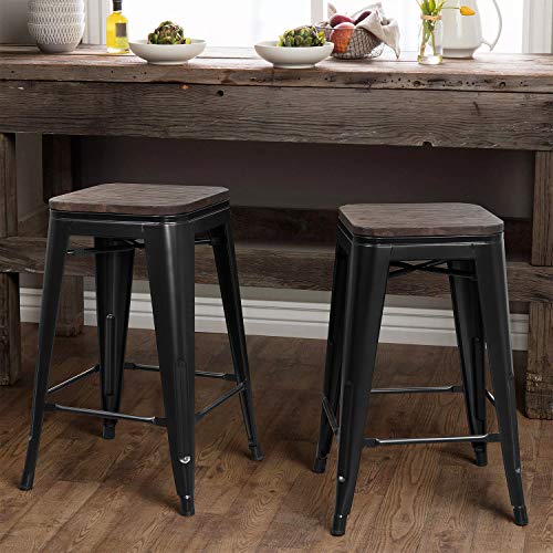 JUMMICO Metal Bar Stools Indoor Outdoor Stackable Modern 24 Inches Metal Counter Height Industrial Barstools with Wooden Seat Set of 4 (Black)
