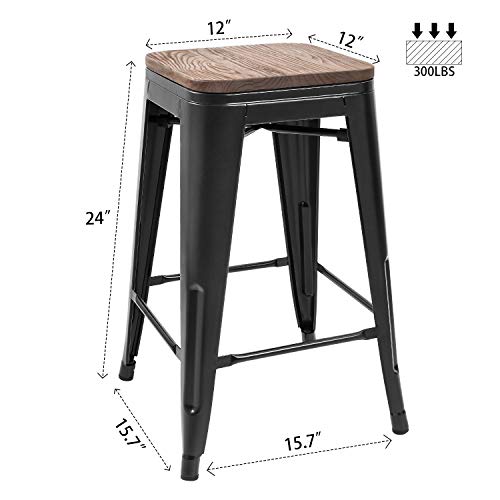 JUMMICO Metal Bar Stools Indoor Outdoor Stackable Modern 24 Inches Metal Counter Height Industrial Barstools with Wooden Seat Set of 4 (Black)