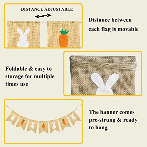 FAKTEEN Happy Easter Burlap Banner Decorations Rabbit & Carrot Hanging Bunting Garland for Spring Easter Party Décor Photo Booth Backdrop