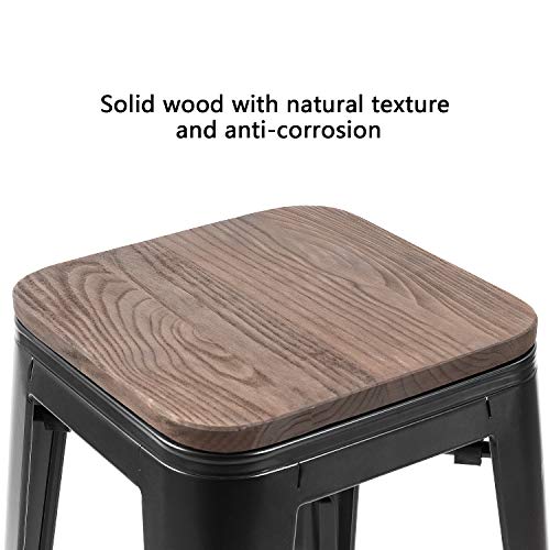 JUMMICO Metal Bar Stools Indoor Outdoor Stackable Modern 24 Inches Metal Counter Height Industrial Barstools with Wooden Seat Set of 4 (Black)