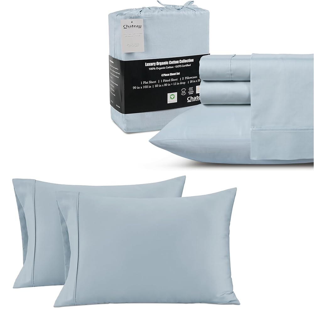 100% Organic Cotton Queen Sheet Set & Standard Pillowcases Set of 2 Combo 300 Thread Count Long Staple Cotton Sheets 3 Pc Queen Size Sheets & Standard Pillowcases Sateen Sheets Breathable Light Blue