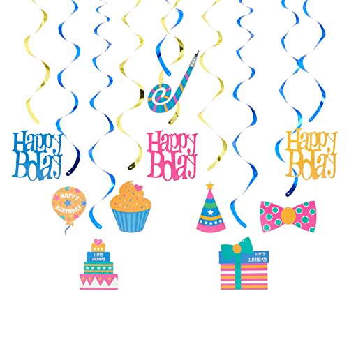 BLUE PANDA 30 Pack Hanging Happy Birthday Swirl Decorations, Party Streamers for Ceiling (35-38 in)