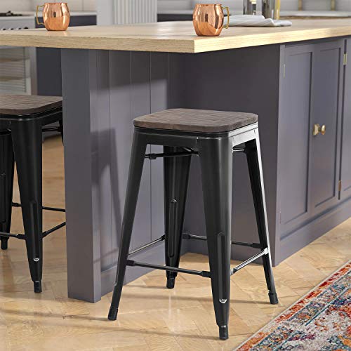 JUMMICO Metal Bar Stools Indoor Outdoor Stackable Modern 24 Inches Metal Counter Height Industrial Barstools with Wooden Seat Set of 4 (Black)
