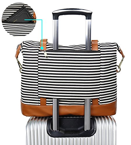 Bluboon Women Ladies Canvas Weekender Bag Overnight Carry-on Tote Duffel in Trolley Handle (BlackStripe)