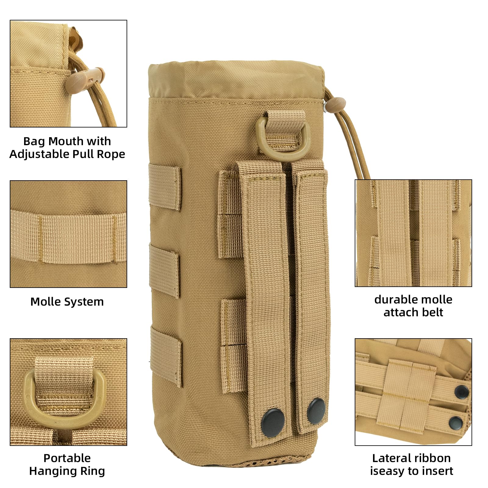 LOOGU Sports Water Bottle Pouch Bag, Molle Water Bottle Holder with Drawstring Open Top & Mesh Bottom, Travel Mesh Water Bottle Bag Tactical Hydration Carrier
