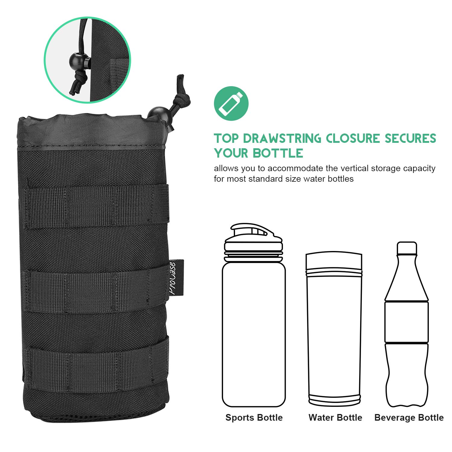 ProCase Tactical Molle Water Bottle Pouch, Military Bottle Holder with Top Drawstring & Mesh Bottom, Portable Water Container Pouch Bag Hydration Carrier for Camping Hiking Hunting Traveling –Black