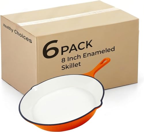 Healthy Choices Enameled Cast Iron Skillet, 8" Set of 6, Professional Cast Iron Pan, Orange & White Enameled Skillet, Oven Safe, Bake Cookies, Sauces, Desserts, BBQ, Dishwasher, Induction, Open Fire