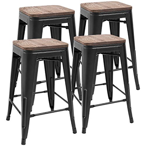 JUMMICO Metal Bar Stools Indoor Outdoor Stackable Modern 24 Inches Metal Counter Height Industrial Barstools with Wooden Seat Set of 4 (Black)