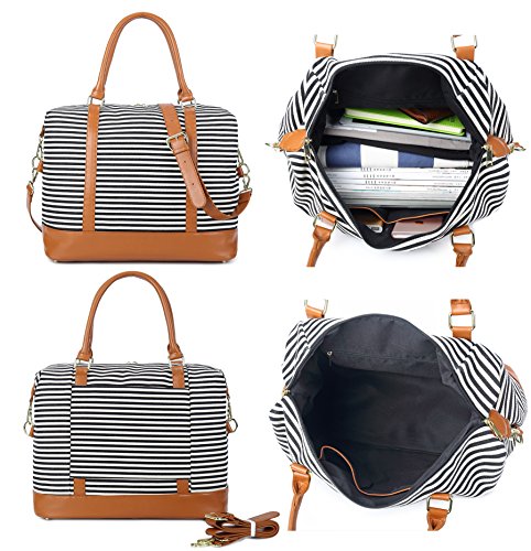 Bluboon Women Ladies Canvas Weekender Bag Overnight Carry-on Tote Duffel in Trolley Handle (BlackStripe)