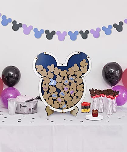 PAPA LONG Woodland Alternative Baby Shower Guest Book for Mickey Mouse Baby Shower or Birthday Party Decorations Including 42pcs Small Wooden Mouse Head Cutouts for Wishes