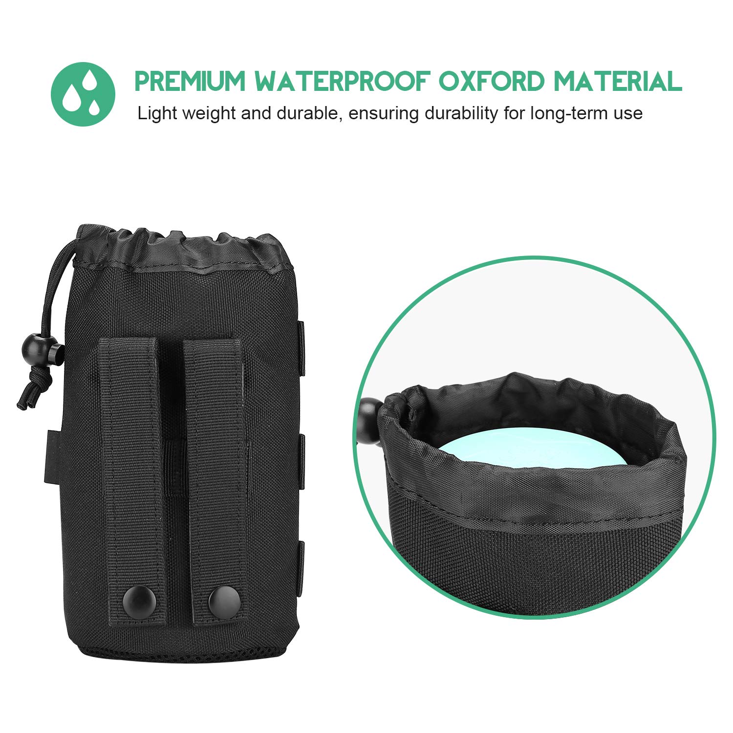 ProCase Tactical Molle Water Bottle Pouch, Military Bottle Holder with Top Drawstring & Mesh Bottom, Portable Water Container Pouch Bag Hydration Carrier for Camping Hiking Hunting Traveling –Black