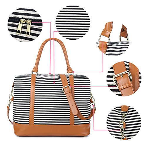 Bluboon Women Ladies Canvas Weekender Bag Overnight Carry-on Tote Duffel in Trolley Handle (BlackStripe)
