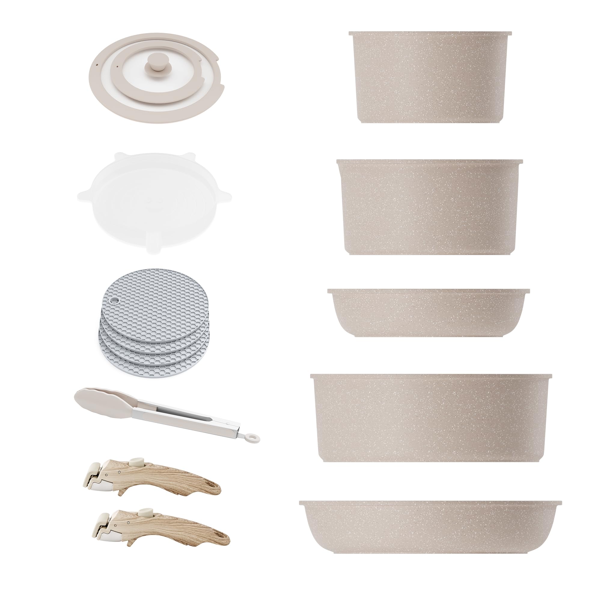 Caannasweis Detachable Nonstick Cookware Set - Stackable Induction Pots and Pans With Removable Handles, Dishwasher Safe - For RV Camping, Oven and Stovetop Use, 5 Pieces (Brown)