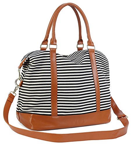 Bluboon Women Ladies Canvas Weekender Bag Overnight Carry-on Tote Duffel in Trolley Handle (BlackStripe)