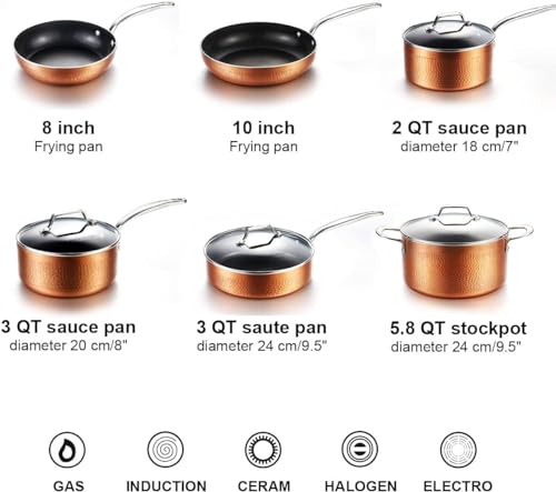 COOKSMARK 10 Piece Hammered Copper Cookware Set with Nonstick Coating, Induction Pots and Pans Set Dishwasher Safe