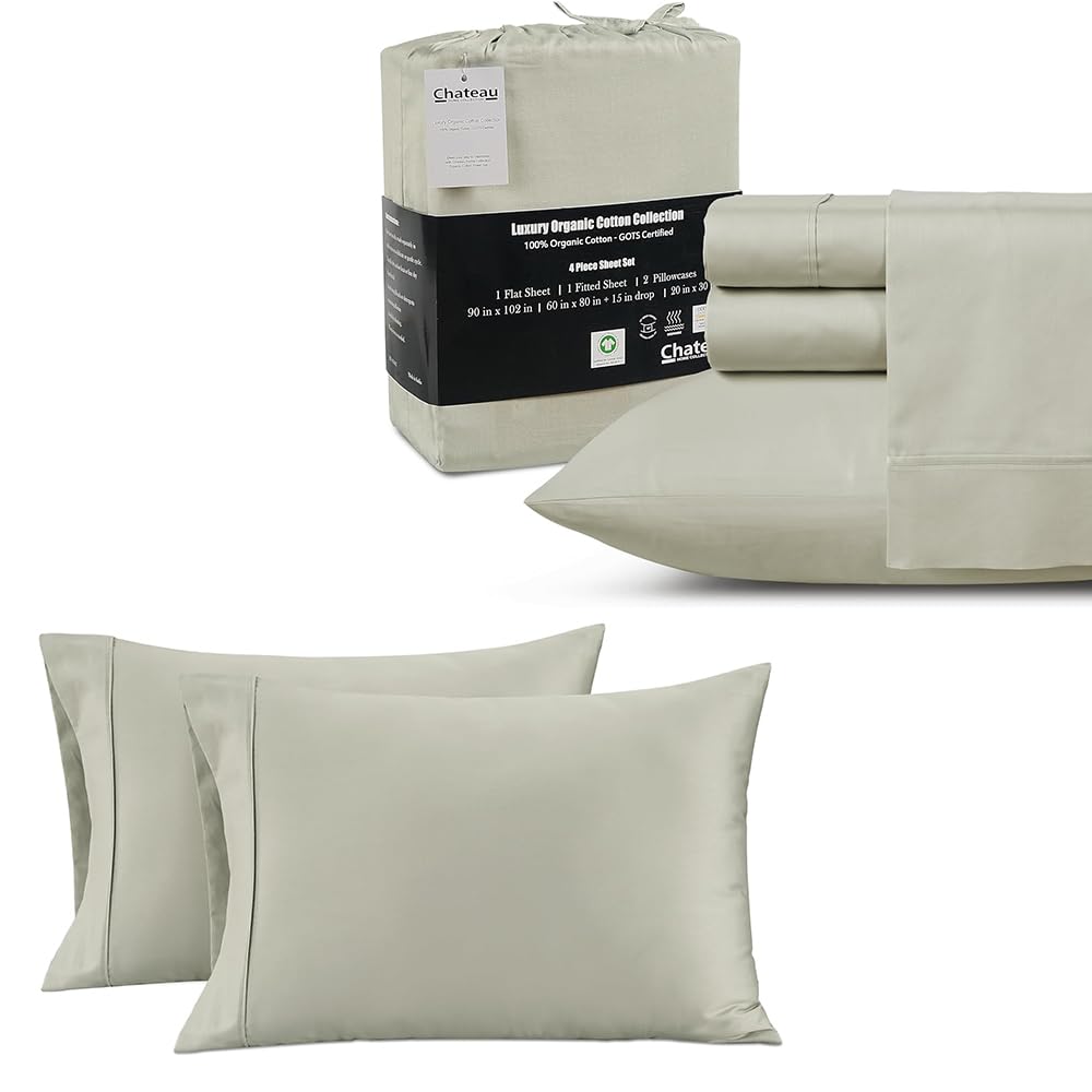 100% Organic Cotton Queen Sheet Set & Standard Pillowcases Set of 2 Combo- 300 Thread Count Long Staple Cotton Sheets,3 Pc Queen Size Sheets & Standard Pillowcases, Sateen Sheets, Breathable - Sage