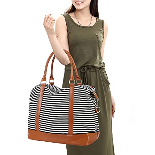 Bluboon Women Ladies Canvas Weekender Bag Overnight Carry-on Tote Duffel in Trolley Handle (BlackStripe)