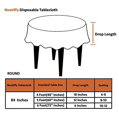 Neatiffy 84 Inch 6 Pack Disposable Round Plastic Tablecloths Picnic / Camping / Party / Banquet Table Cover. Table Cloth for Round 84" Tables, (White)