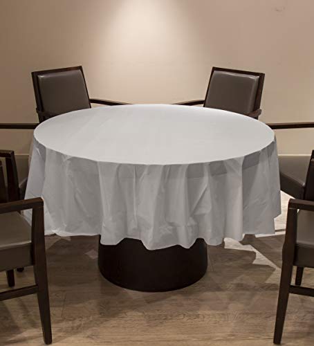 Neatiffy 84 Inch 6 Pack Disposable Round Plastic Tablecloths Picnic / Camping / Party / Banquet Table Cover. Table Cloth for Round 84" Tables, (White)