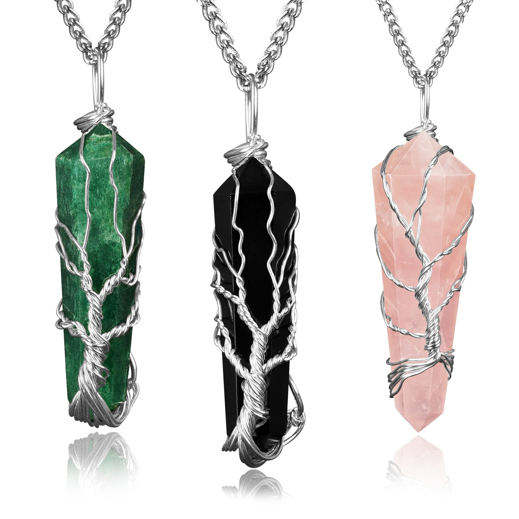 KARMAPLEDGE Handcrafted Crystal Pendant & Necklace; Spiritual Healing Crystal Necklace Pendant; Crystal Jewellery Protection Necklace (Rose Quartz, Amethyst, & Green Aventurine Double Point)