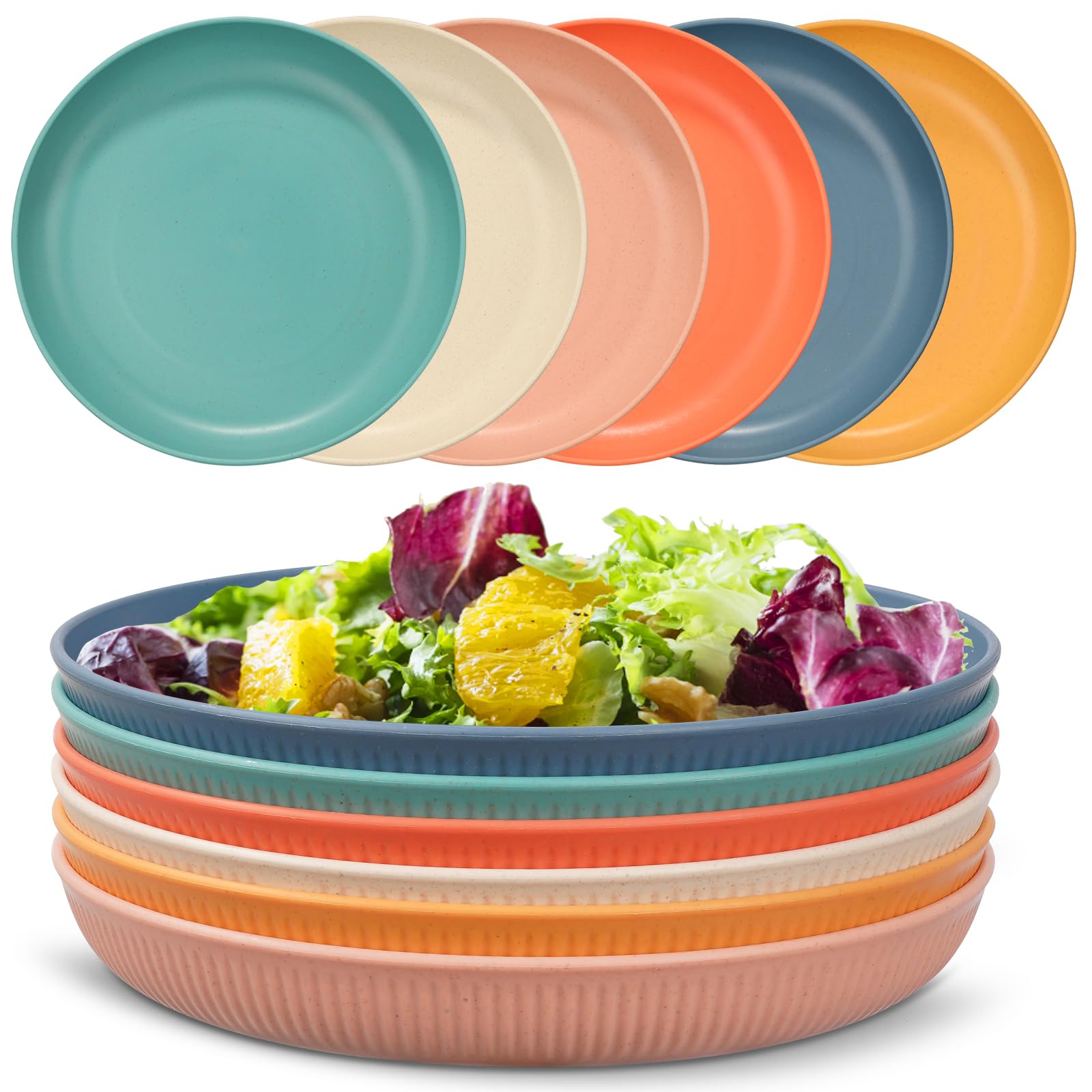 Phyllia Set of 6 Wheat Straw Plates, 9 Inch Unbreakable Deep Dinner Plates, Microwave and Dishwasher Safe Plastic Plates Reusable, Lightweight Plates for Kitchen Camping, Picnic, Party, Dorm