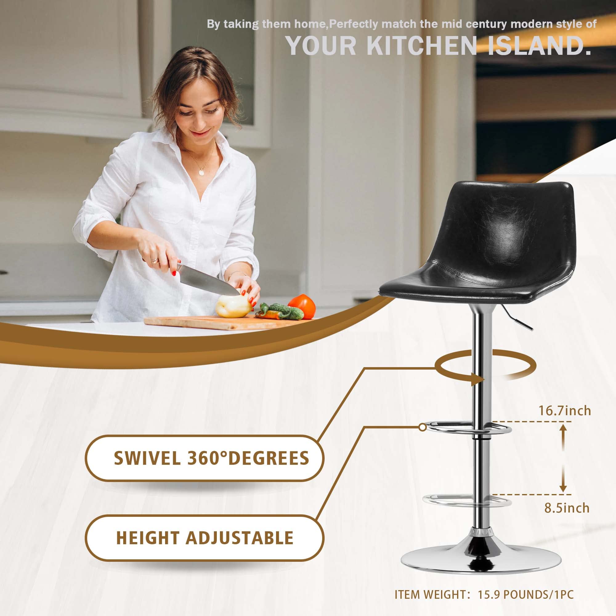 VATROS Bar Stools Set of 2, Adjustable Bar Stools with Back and Footrest, PU Leather Upholstered Swivel Counter Height Bar Stools for Home Kitchen Island-Black