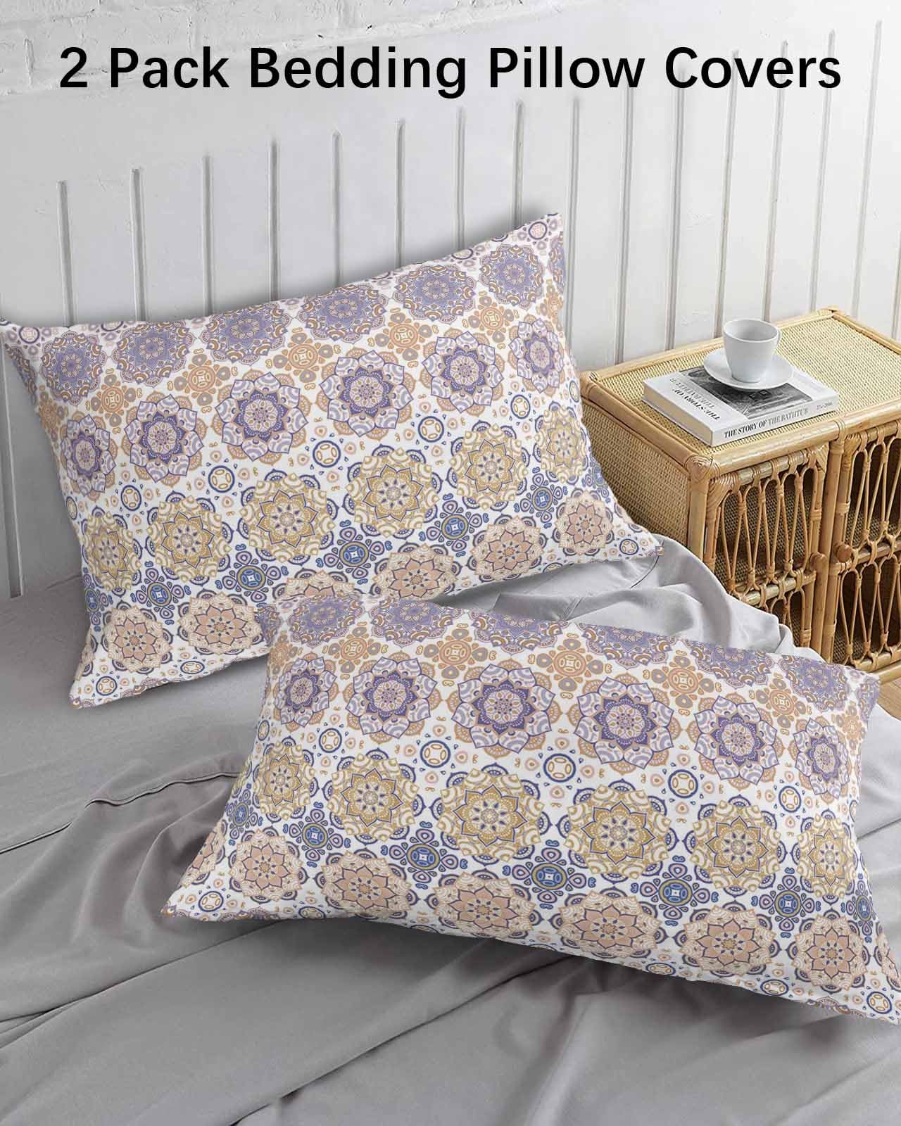 Edwiinsa Boho Flower Pillow Covers Standard Size Set of 2 20x26 Bed Pillow, Purple Orange Abstract Art Ethnic Pattern Plush Soft Comfort for Hair/Skin Cooling Pillowcases with Envelop Closure