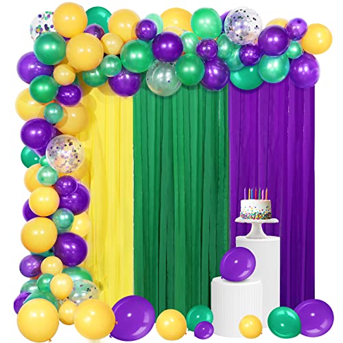 119 Pcs Purple Green Gold Balloons Latex Green Purple and Gold Balloon Garland Arch Kit Confetti Balloons with Crepe Paper Streamers for Carnival Fat Tuesday Mardi Gras Birthday Party Supplies Decor