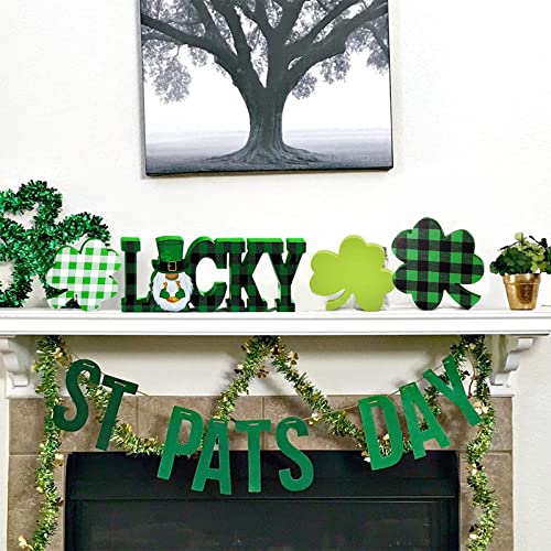 BOBOBOX 3 Pcs St Patric Day Table Signs Decoration, Shamrock Wooden Lucky Table Decor Irish Freestanding Tiered Tray Tabletop Decorations for St. Patrick's Day Party Home Table Decor