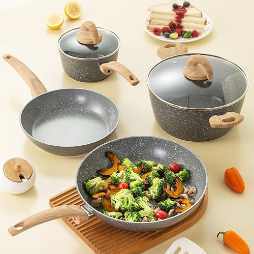 Vkoocy Gray Pots and Pans Set Non Stick, Ceramic Cookware Set Kitchen Cooking Sets Induction Pot and Pan w/Frying Pans, Saucepans, Casserole, Non-Toxic, PTFE/PFOA/PFOS-Free