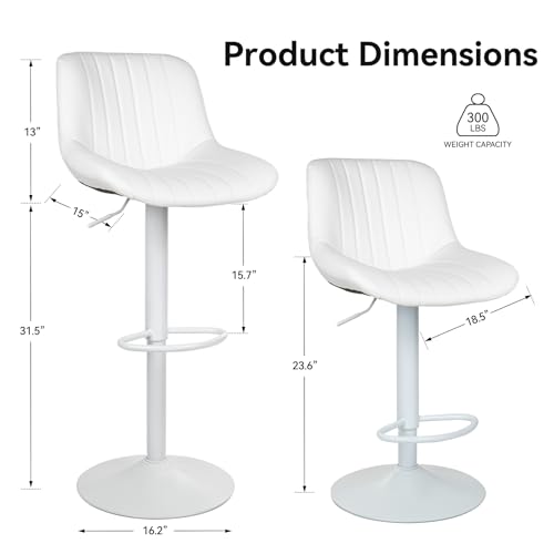 Nalupatio Bar Stools Set of 2, Adjustable Modern Swivel Bar Stools with Backs, Counter Height Performance Fabric Island Chairs for Home Kitchen, White