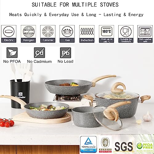 Vkoocy Gray Pots and Pans Set Non Stick, Ceramic Cookware Set Kitchen Cooking Sets Induction Pot and Pan w/Frying Pans, Saucepans, Casserole, Non-Toxic, PTFE/PFOA/PFOS-Free