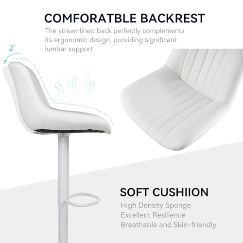 Nalupatio Bar Stools Set of 2, Adjustable Modern Swivel Bar Stools with Backs, Counter Height Performance Fabric Island Chairs for Home Kitchen, White