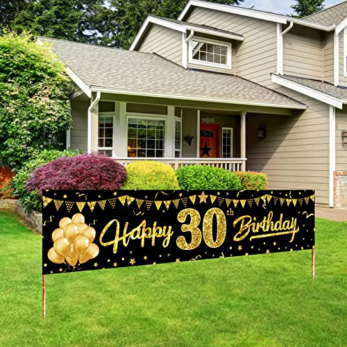 Happy 30th Birthday Banner Decorations for Him, Thirty Birthday Sign Party Supplies for Men Women, Black Gold 30 Birthday Party Decor Outdoor Indoor