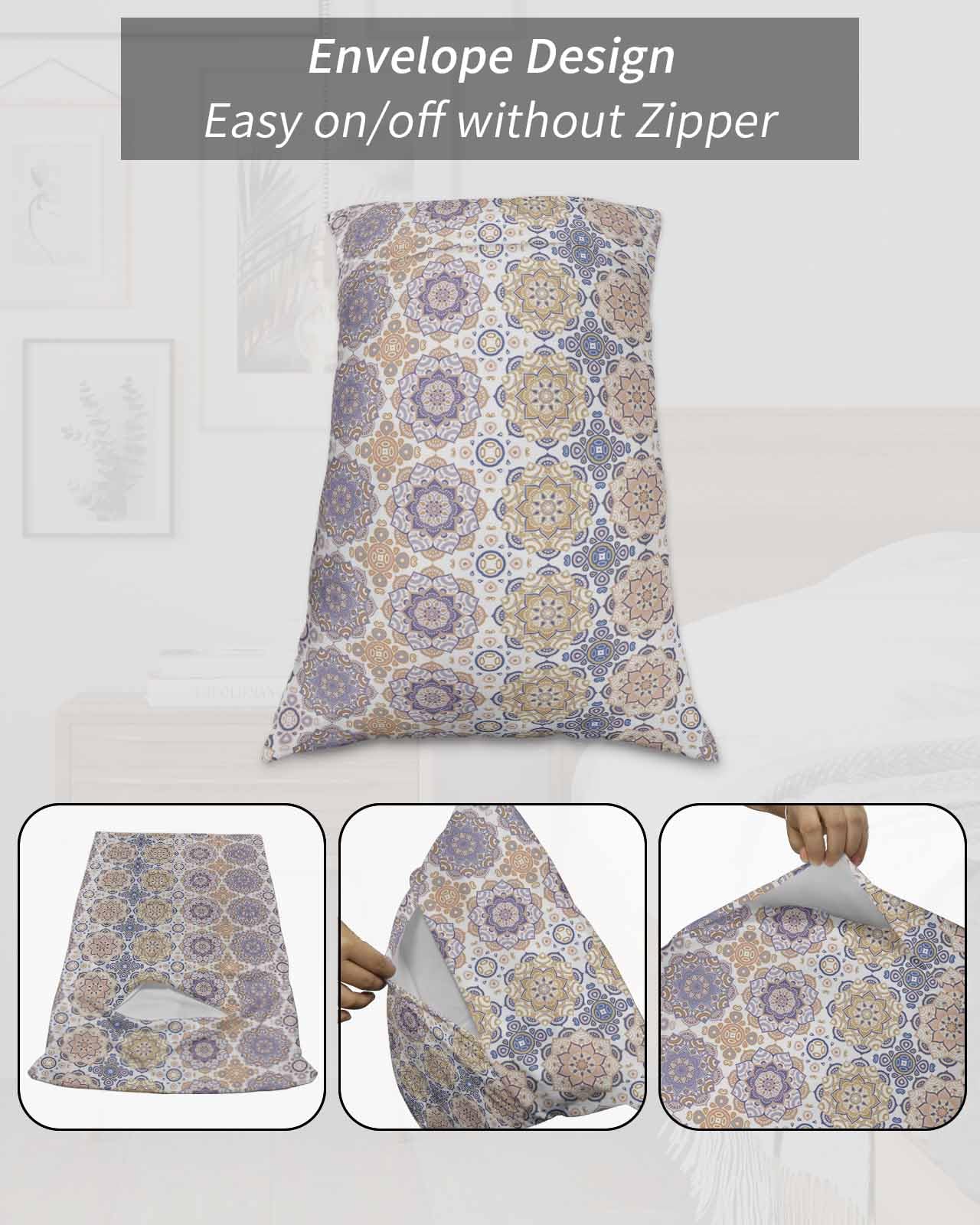 Edwiinsa Boho Flower Pillow Covers Standard Size Set of 2 20x26 Bed Pillow, Purple Orange Abstract Art Ethnic Pattern Plush Soft Comfort for Hair/Skin Cooling Pillowcases with Envelop Closure