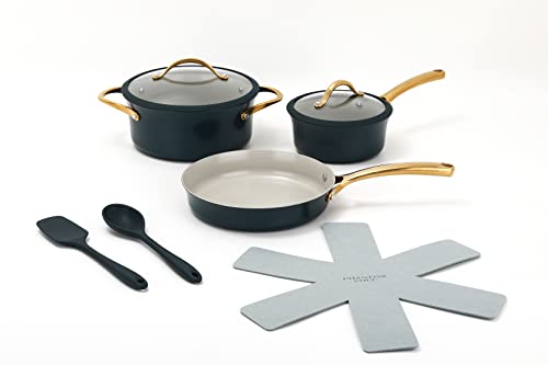 PHANTOM CHEF 8 Piece Luxe Cookware Set | Non-Stick Ceramic Coating | Oven & Dishwasher Safe | PFOA-Free | Aluminum Pots & Pans Set with Glass Lids | Induction Stovetop Compatible (Navy)