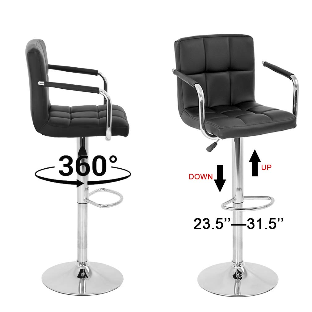 BestOffice Modern Bar Stool Set of 2 Barstools Armrest Height Adjustable Counter Stools Bar Chairs Swivel Bar Stool PU Leather Hydraulic Dining Room Chairs Home Kitchen Stools (Black)