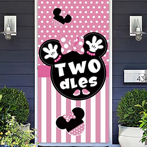 Twodles Cartoon Pink Black Mouse Dots Happy 2nd Birthday Banner Backdrop Background Backdrop Oh Twodles Theme Decor for Boy Girl Princess Birthday Party Baby Shower Supplies Favors Decorations