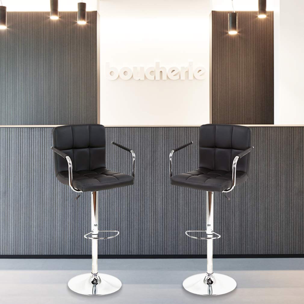 BestOffice Modern Bar Stool Set of 2 Barstools Armrest Height Adjustable Counter Stools Bar Chairs Swivel Bar Stool PU Leather Hydraulic Dining Room Chairs Home Kitchen Stools (Black)