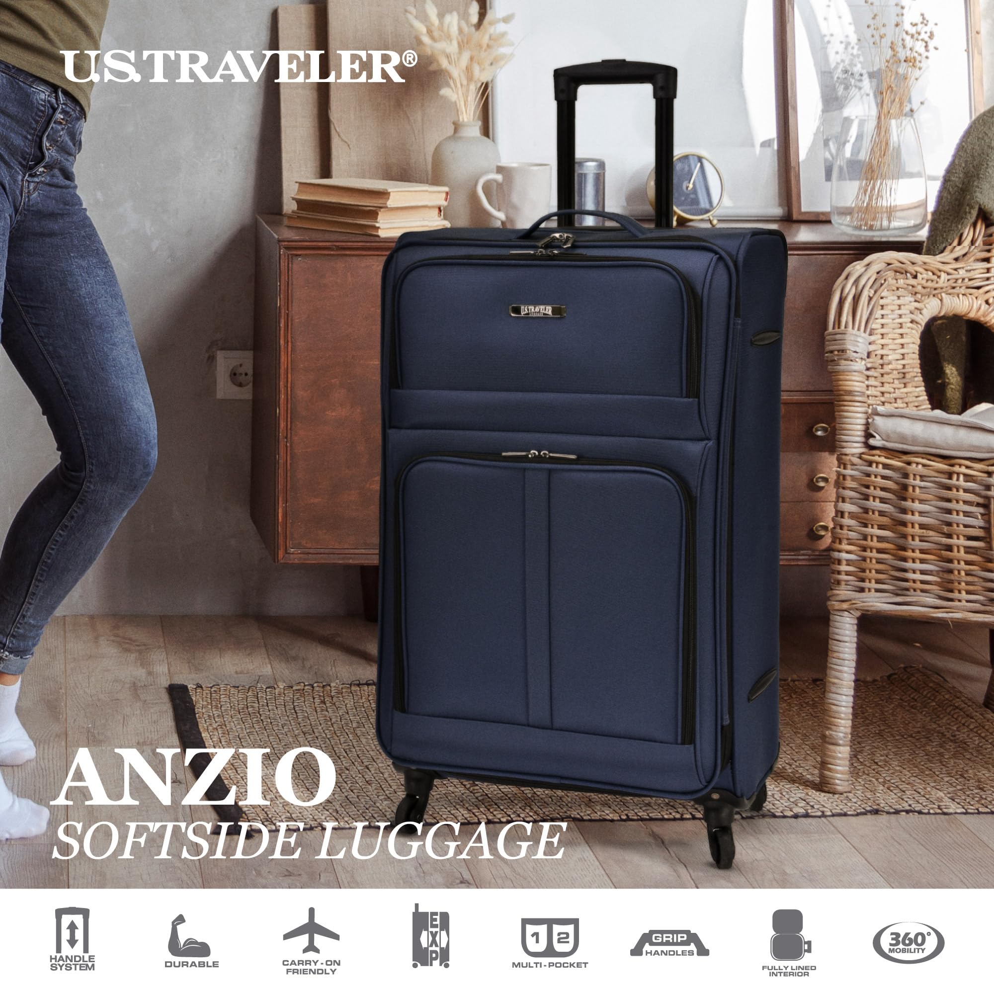 U.S. Traveler Anzio Softside Expandable Spinner Luggage, Navy, 2-Piece Set (22/30)