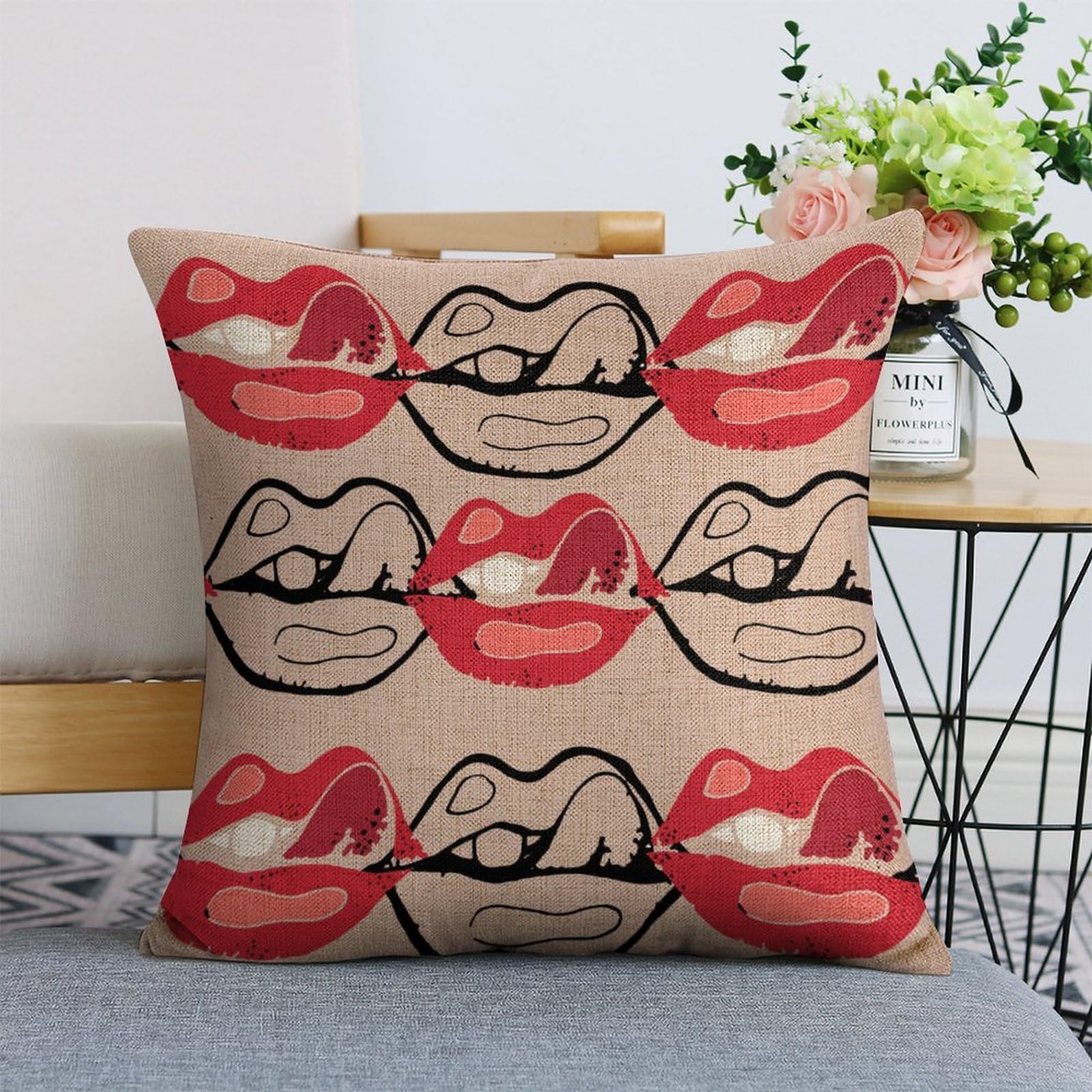 Cute Sexy Lips Throw Pillow Covers 18×18 Pillowcases Set of 1 Watercolor Red Mouth Linen Decorative Square Pillow Case Cushion Covers Standard Size for Sofa Couch Outdoor Bed Pillow Protectors