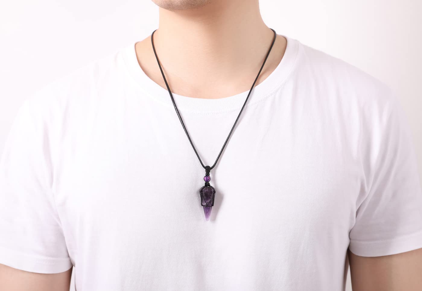 XIANNVXI Amethyst Necklace for Men Women Healing Crystal Stone Pointed Adjustable Black Rope Natural Gemstone Pendant Necklaces Jewelry