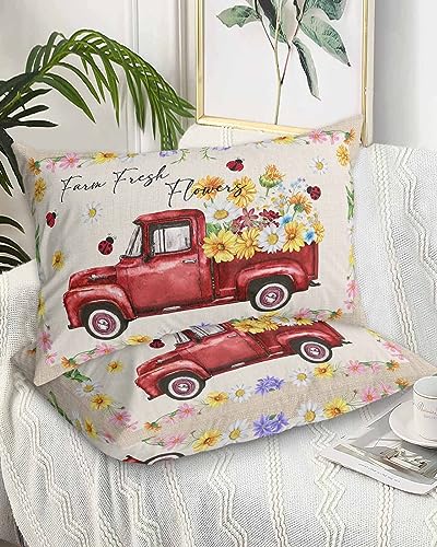 Edwiinsa Summer Truck Pillow Covers Standard Size Set of 2 20x26 Bed Pillow, Ladybug Spring Floral Rustic Plush Soft Comfort for Hair/Skin Cooling Pillowcases with Envelop Closure