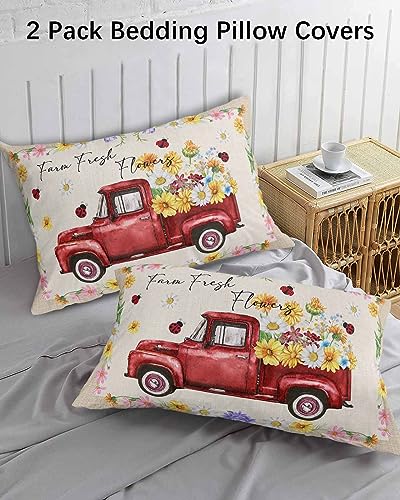 Edwiinsa Summer Truck Pillow Covers Standard Size Set of 2 20x26 Bed Pillow, Ladybug Spring Floral Rustic Plush Soft Comfort for Hair/Skin Cooling Pillowcases with Envelop Closure