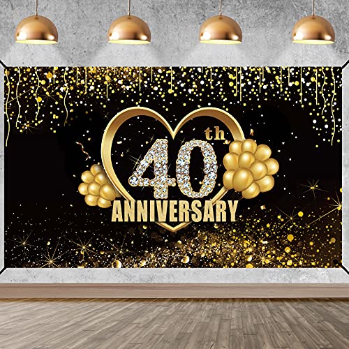 Happy 40th Anniversary Banner Backdrop Decorations, Large 40 Wedding Anniversary Background Sign Decor, Black Gold 40 Year Anniversary Photography Photo Props Party Supplies