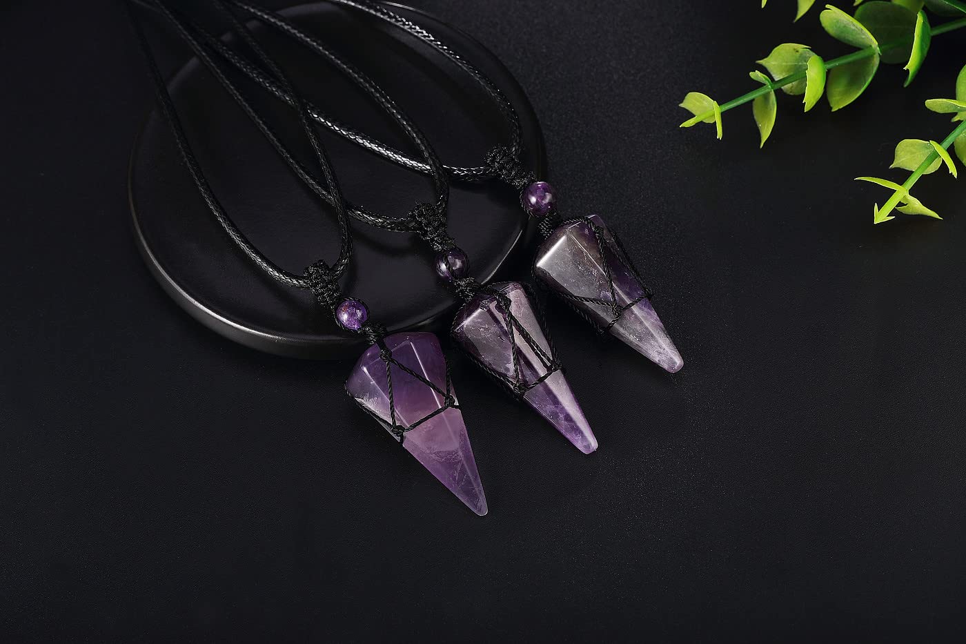 XIANNVXI Amethyst Necklace for Men Women Healing Crystal Stone Pointed Adjustable Black Rope Natural Gemstone Pendant Necklaces Jewelry