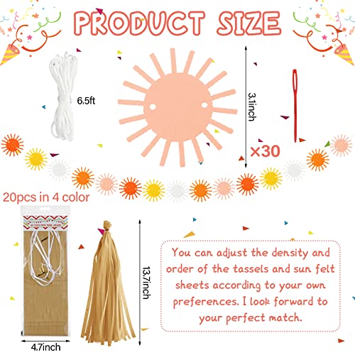 20 Pcs Boho Sun Garland Felt First Trip Around The Sun String Banner Hippie Boho Sun Party Supplies Indoor Outdoor Party Decoration for Baby Shower Wedding Birthday Party Decorations (Sun)