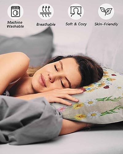 Edwiinsa Summer Truck Pillow Covers Standard Size Set of 2 20x26 Bed Pillow, Ladybug Spring Floral Rustic Plush Soft Comfort for Hair/Skin Cooling Pillowcases with Envelop Closure