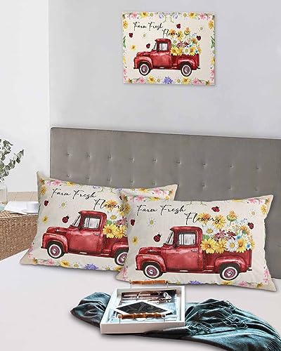 Edwiinsa Summer Truck Pillow Covers Standard Size Set of 2 20x26 Bed Pillow, Ladybug Spring Floral Rustic Plush Soft Comfort for Hair/Skin Cooling Pillowcases with Envelop Closure