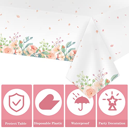 3 Pack Floral Baby Shower Decorations For Girl,Rectangular Plastic Party Tablecloths with Pink Floral Patterns( 108"x54"),Table Cover for Birthdays,Weddings,Tea Party and Girl Baby Shower Decorations